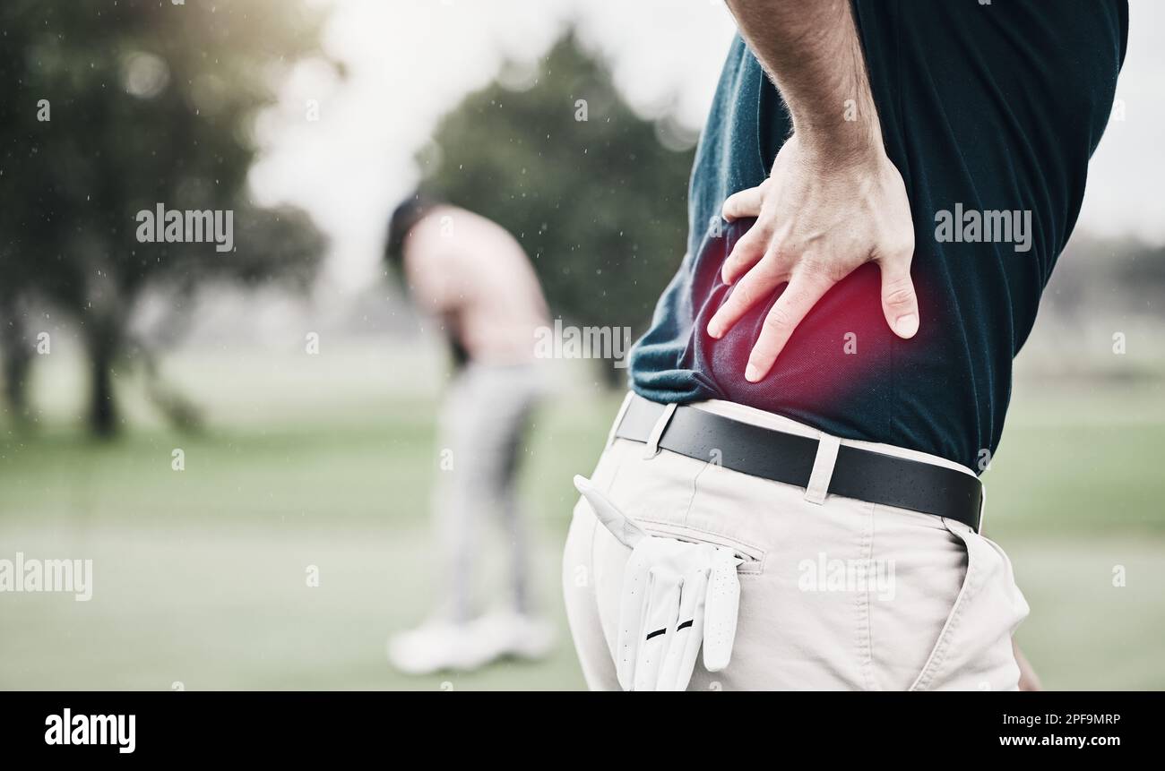 Sports, injury and golf, man with back pain during game on course ...