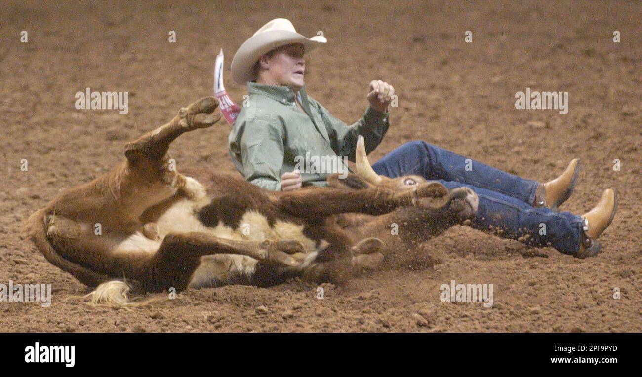 Cash Meyers, of Athens, Texas, looks up for his score in the steer ...