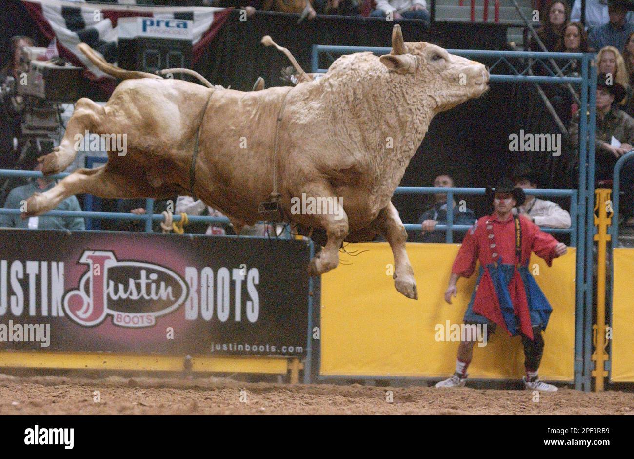 Rodeo bullfighter Darrell Diefenbach, right, of Australia, watches as ...