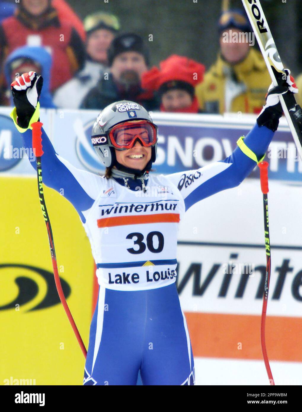 Italy's Karen Putzer celebrates her women's World Cup Super-G victory ...