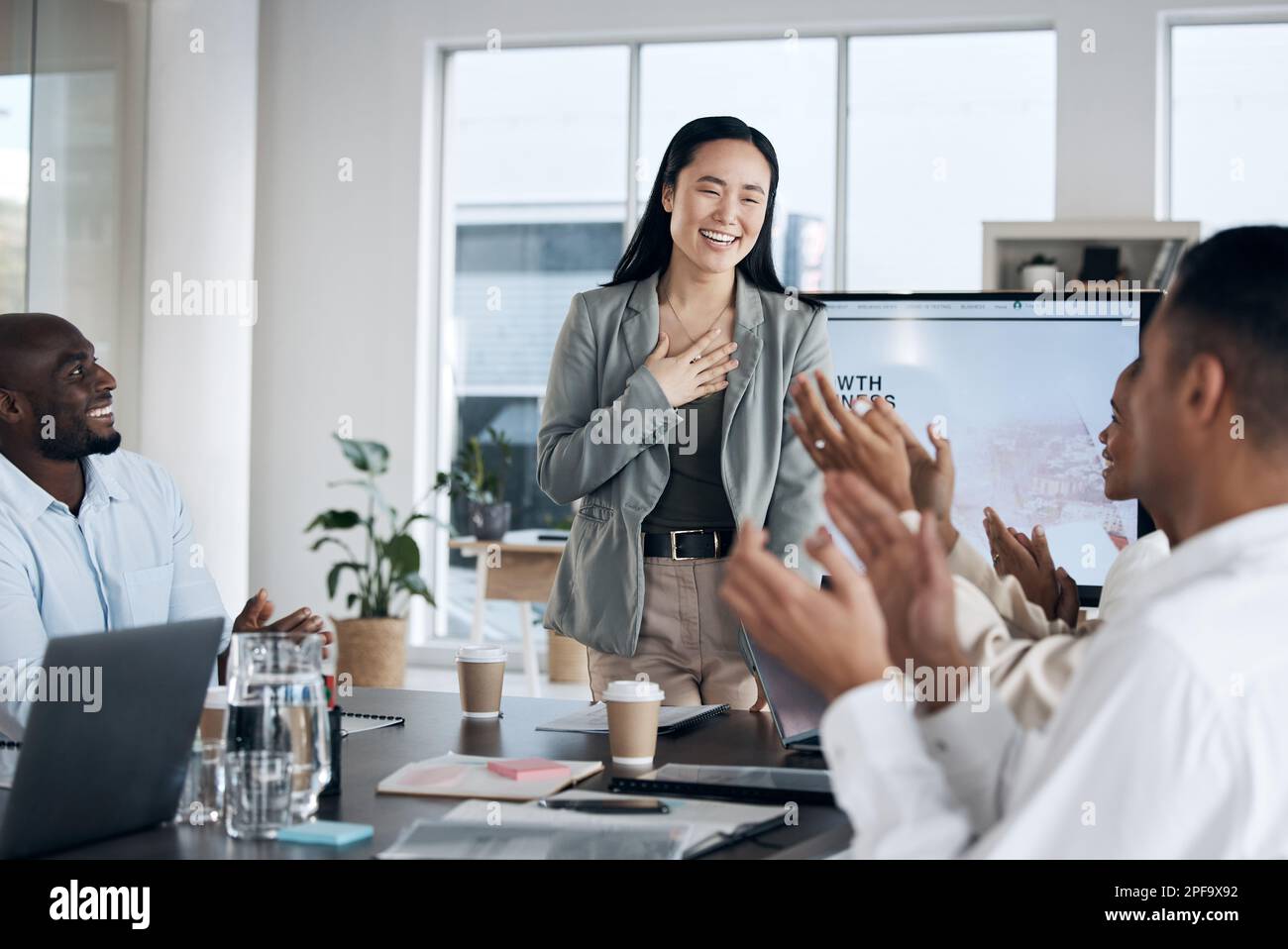 Presentation success, applause or happy business woman, manager or ...