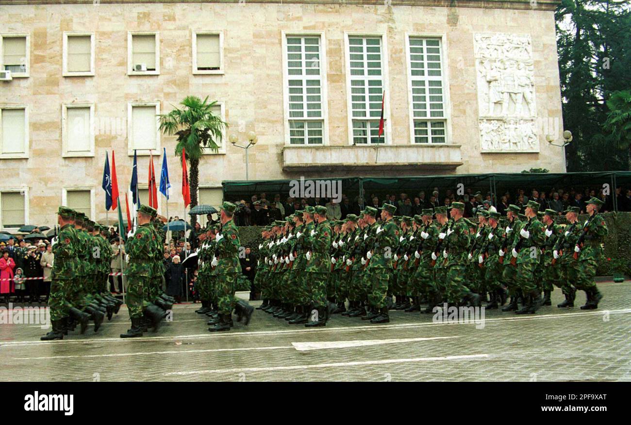 Albanian army soldiers on parade along Tirana's Martyrs of the Nation ...