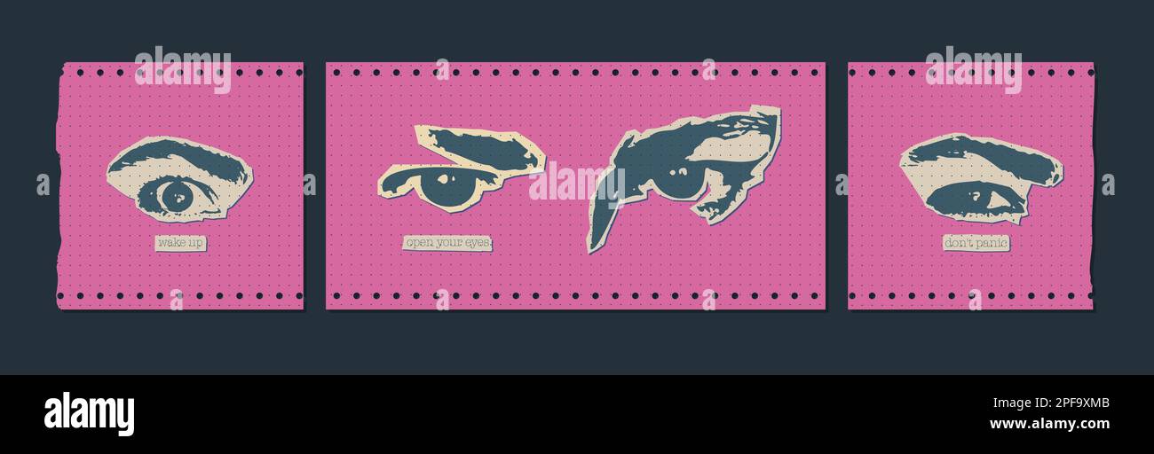 Triptych of decorative posters with different eyes. Vector flat art ...