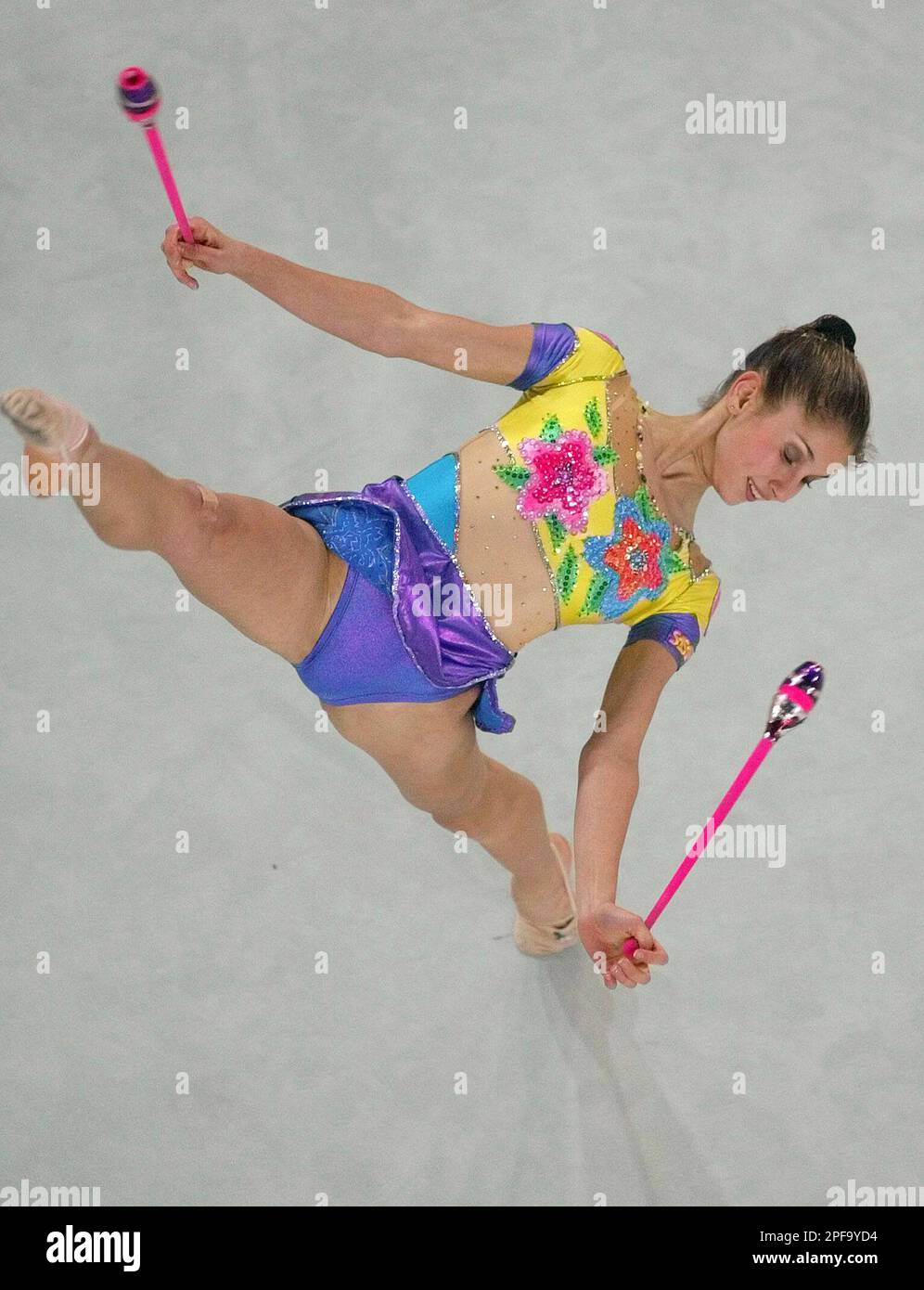 Simona Peycheva from Bulgaria performs with the clubs during the ...