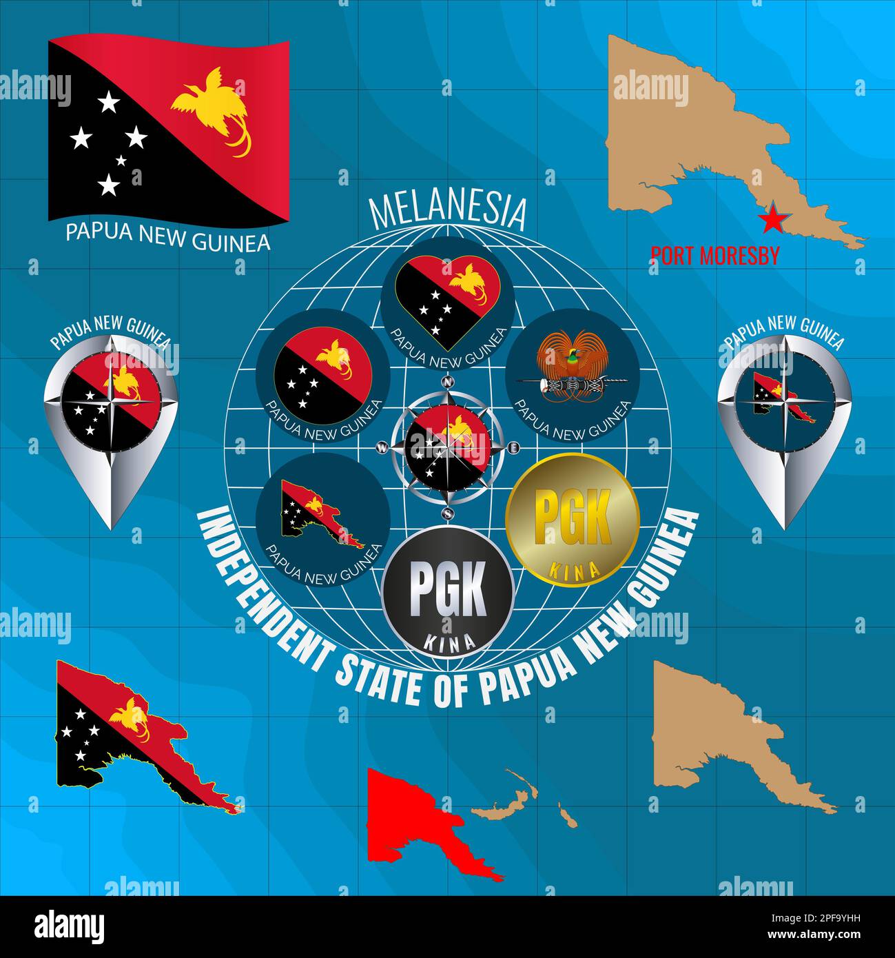 Set of illustrations of flag, outline map, icons of INDEPENDENT STATE ...