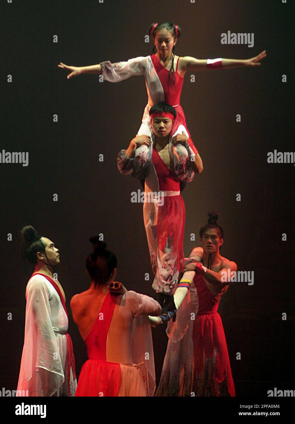 Acrobats of the "Big Chinese State Circus" balance during a rehearsal in Rostock, northern ...