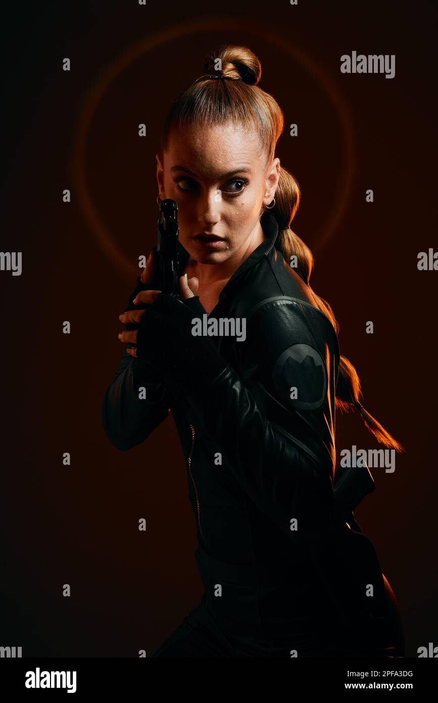 Woman, warrior and gun to fight in studio for action and safety from ...