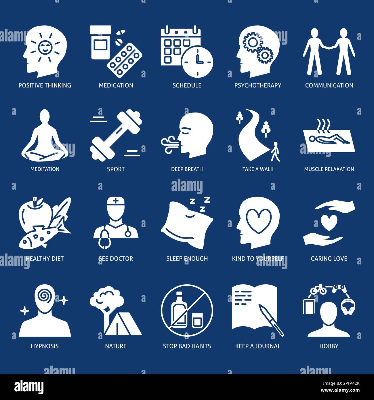 Wellness and stress relief icon set in glyph style. Self care, healthy ...