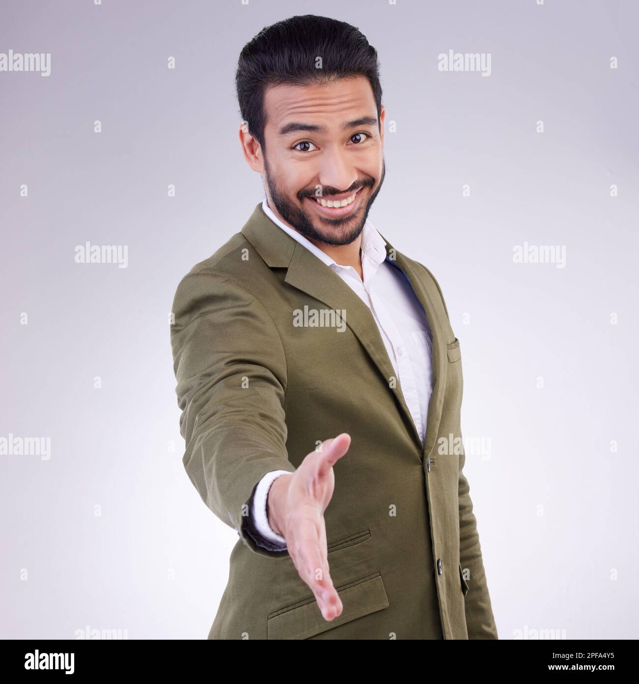 Thank you portrait of businessman handshake gesture with a smile and ...