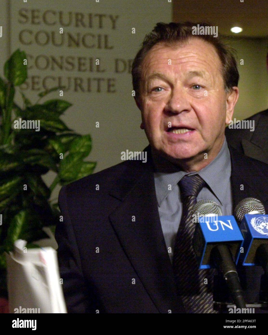 Ukraine's U.N. Ambassador Valeriy Kuchinsky speaks to the media outside ...