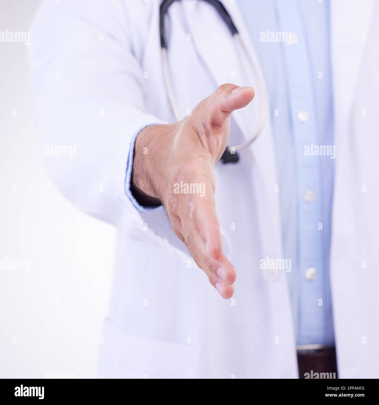 Doctor, man and handshake for healthcare partnership, meeting or ...