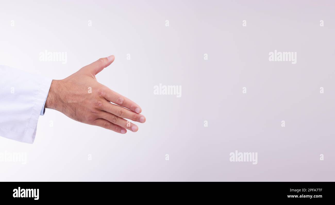 Doctor, handshake and mockup for healthcare partnership, meeting or ...