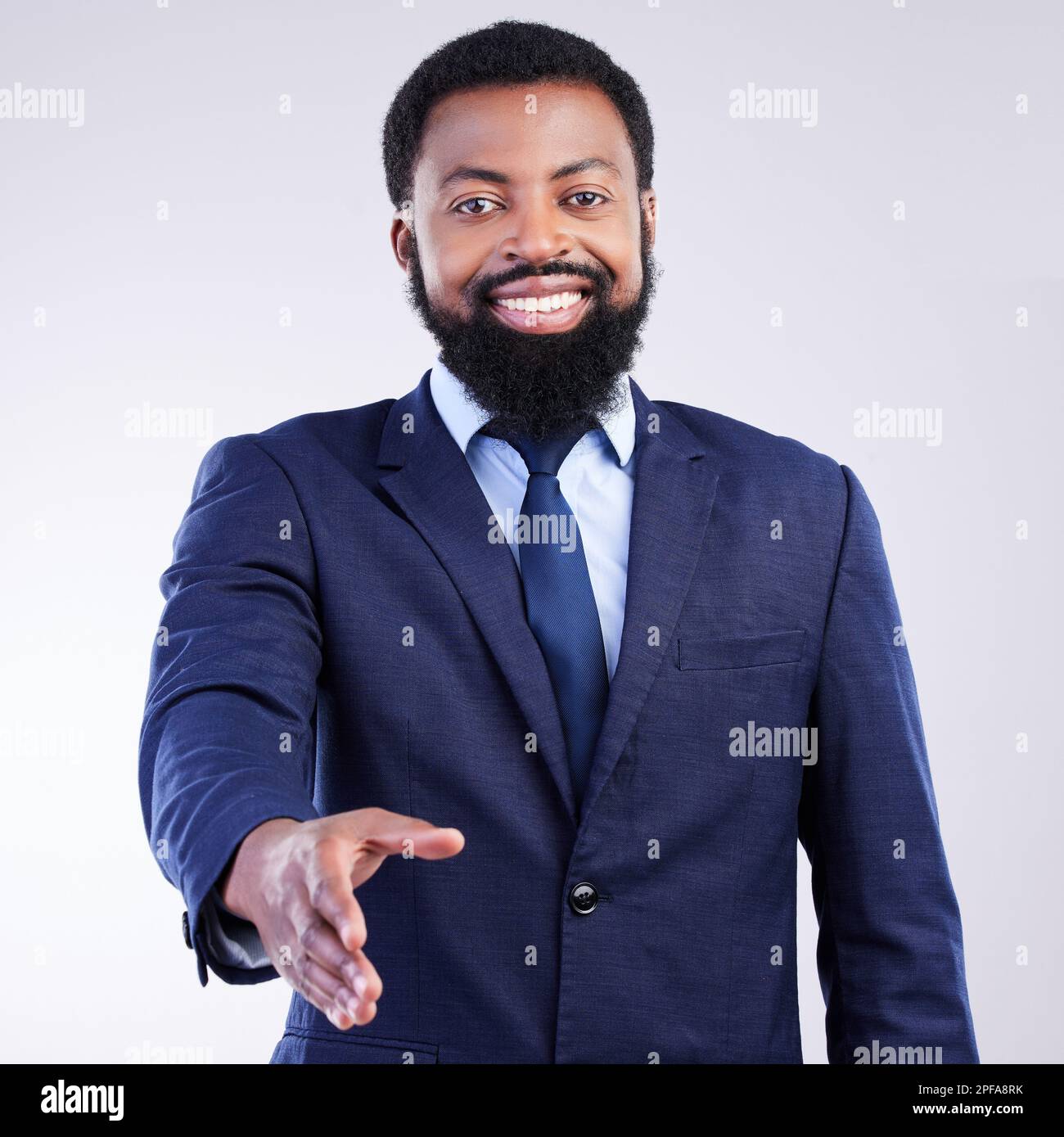 Handshake, offer of black man portrait isolated on gray background ...