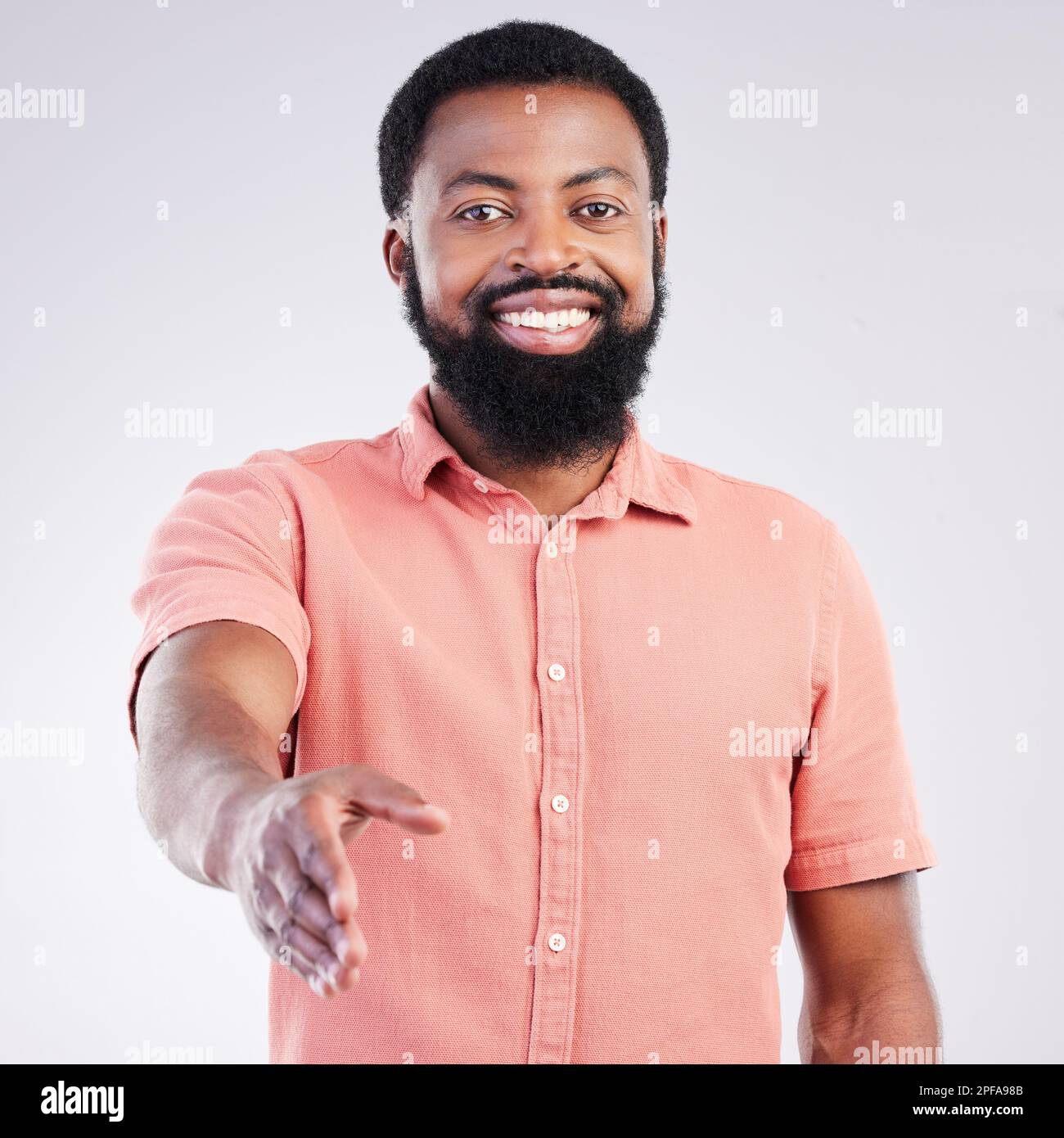 Portrait, success and black man with handshake, greeting and happiness ...