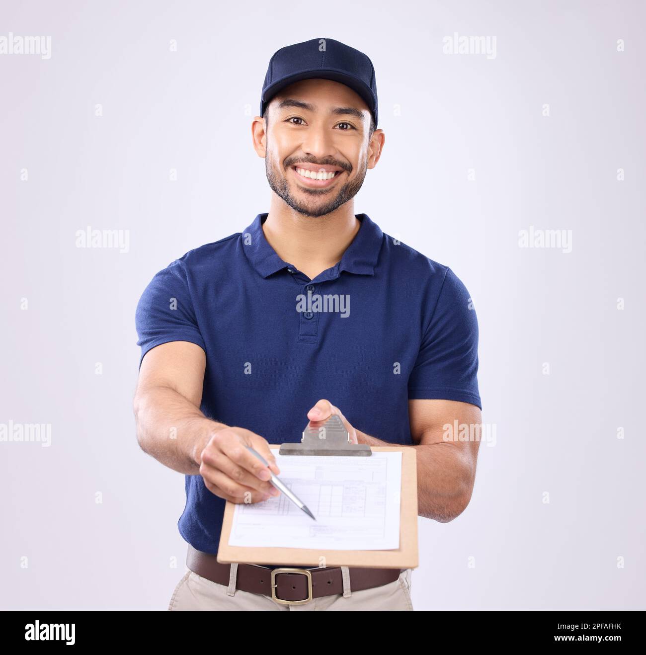 Delivery, signature and portrait of asian man in studio for shipping ...