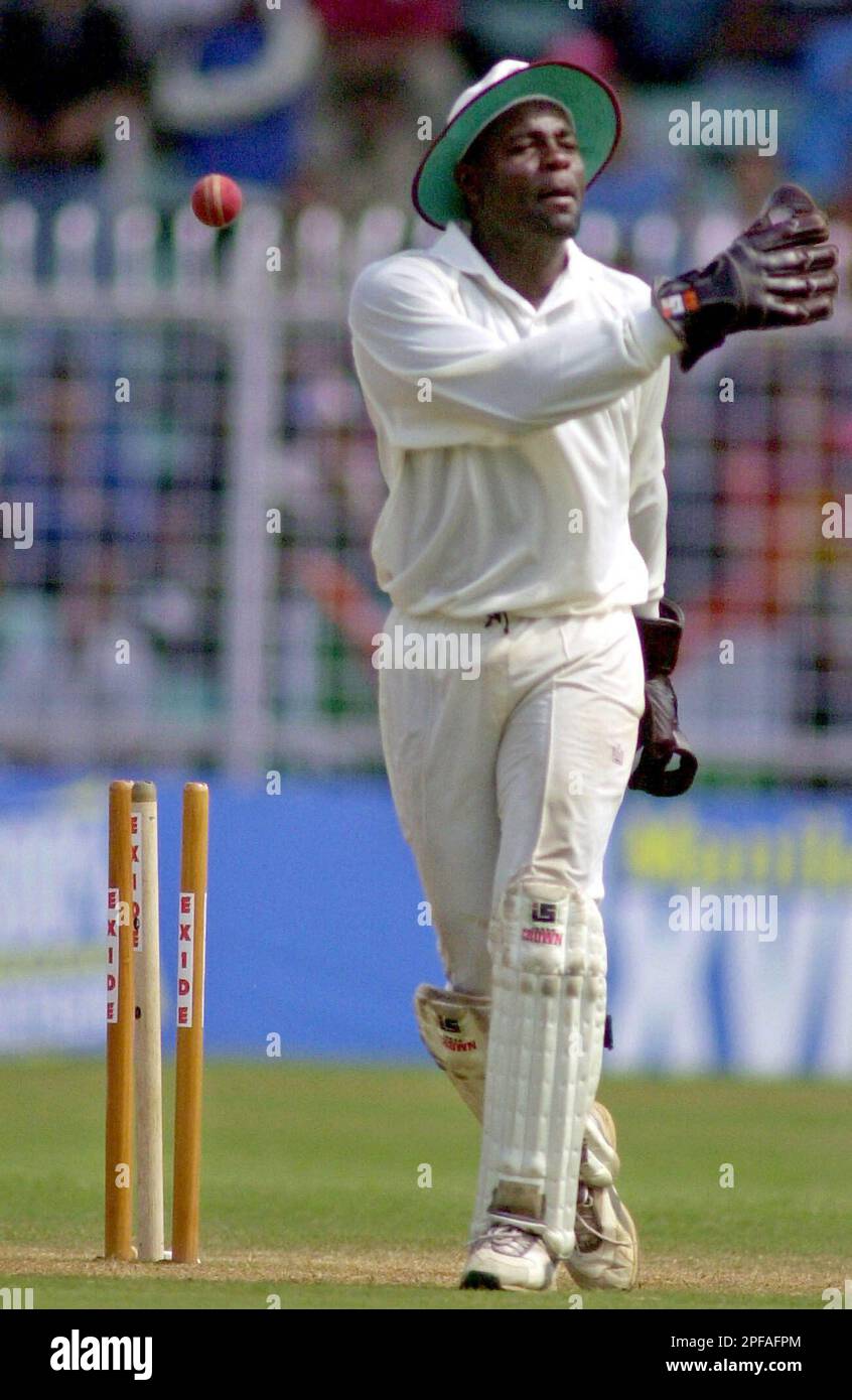 West Indies wicket keeper Ridley Jacobs celebrates the stump out of ...