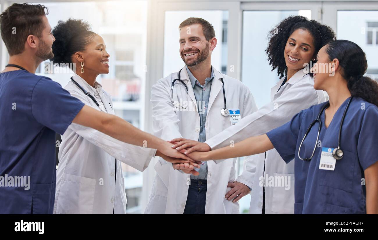 Healthcare, teamwork and doctors with nurses hands in support of planning, collaboration and ...