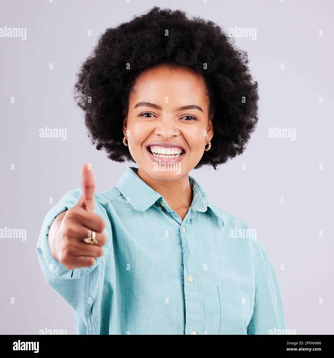 Thumbs up, face portrait and happy black woman with emoji gesture for ...