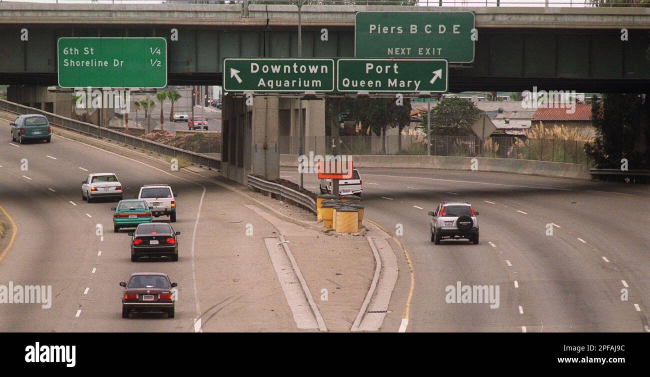 Sparse traffic is seen on the 710 Freeway towards the Port Queen Mary ...
