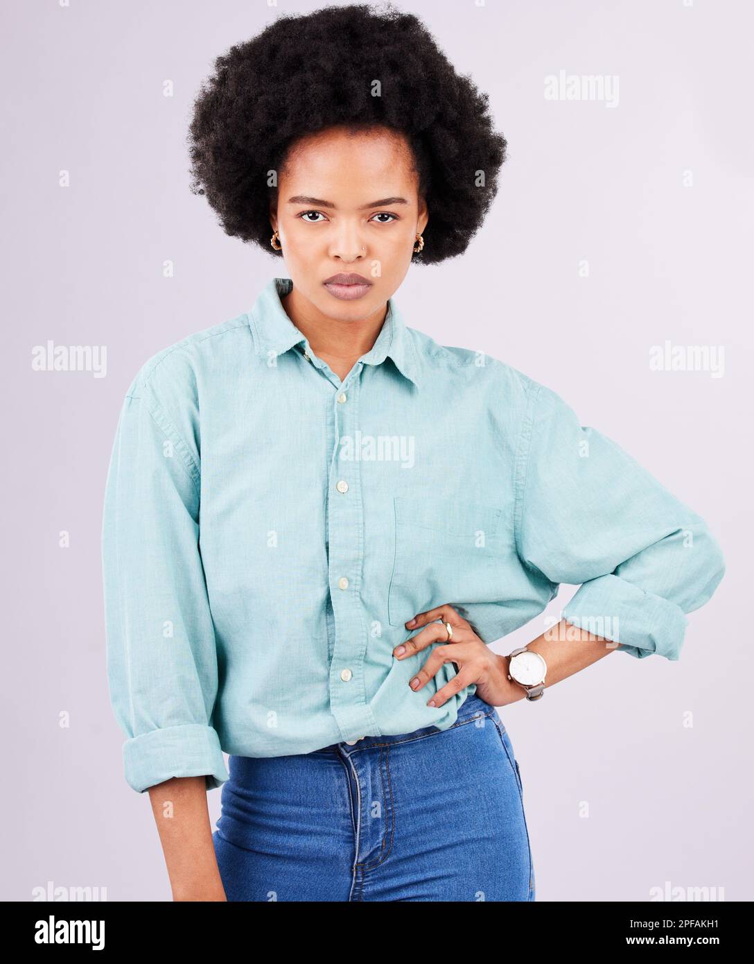 Portrait, serious and black woman in studio, assertive and empowered ...