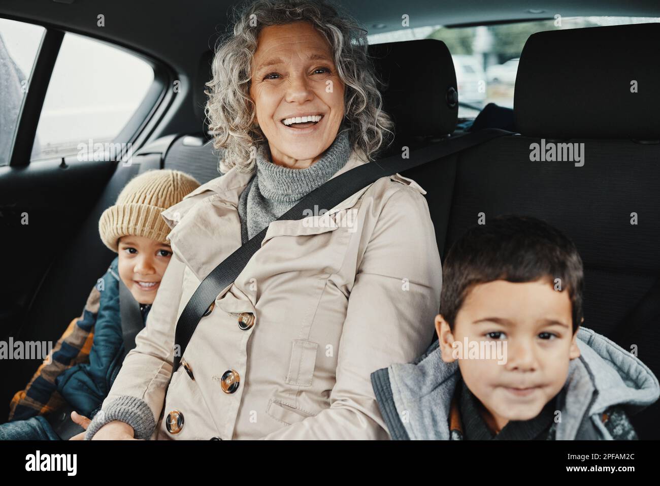 Portrait, road trip and grandmother travel with children or ...