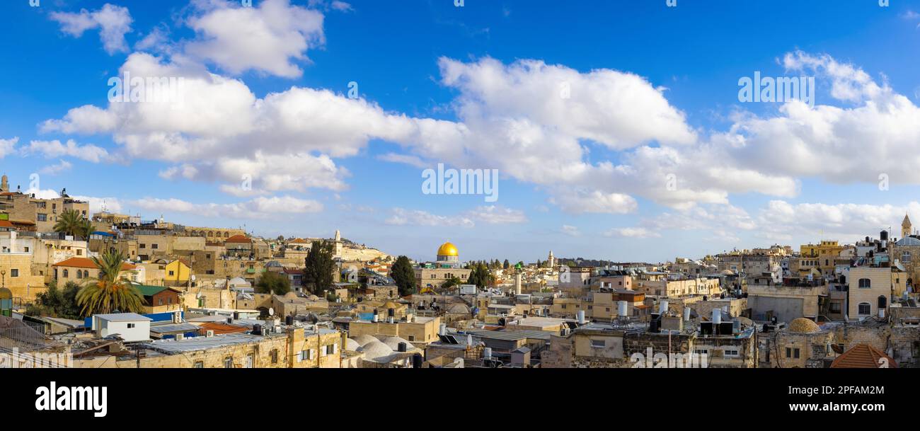 Panoramic skyline of Jerusalem Old City Arab quarter near Western Wall ...