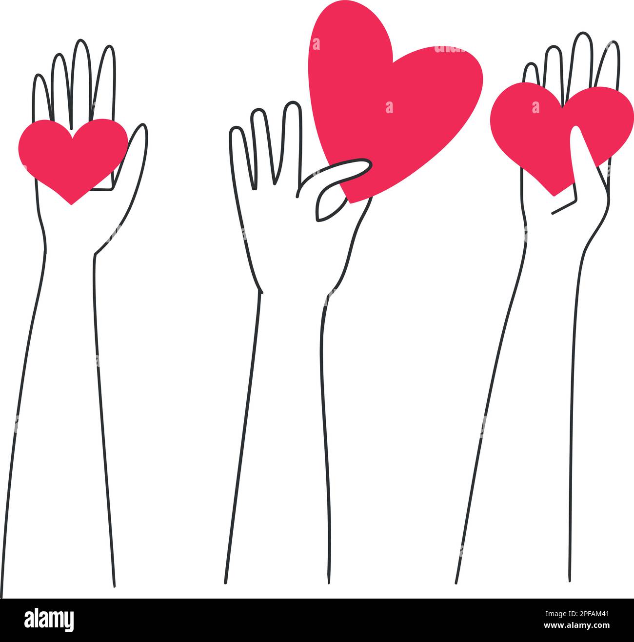 Simple hand drawn hands with hearts. Symbol of love and peace. Giving ...