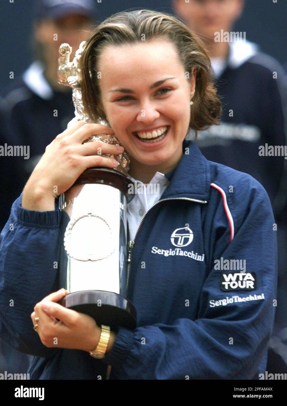 Tennis star Martina Hingis of Switzerland holds trophy after winning the German Open tennis ...
