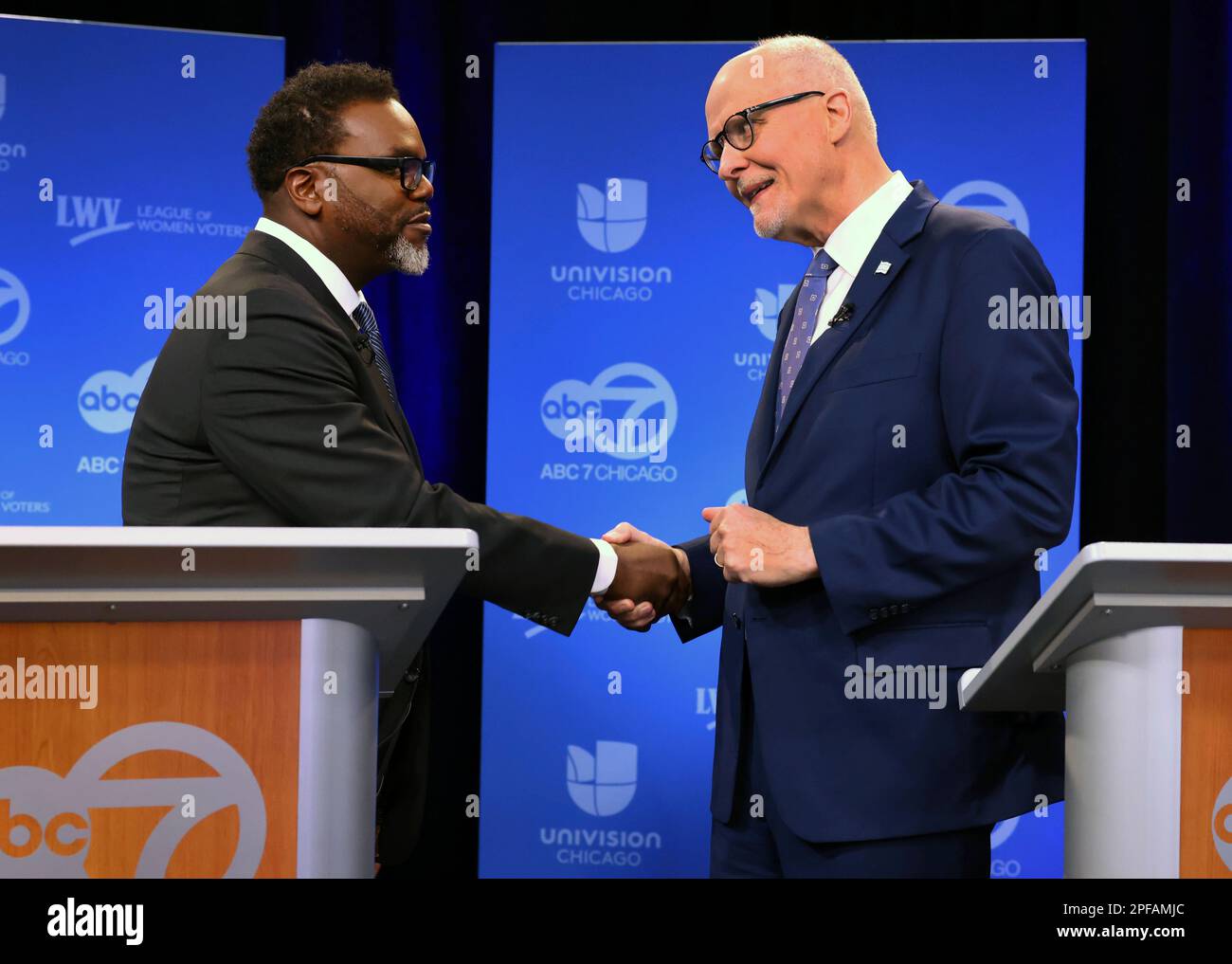 Chicago Mayoral Candidates Brandon Johnson Left And Paul Vallas Shake