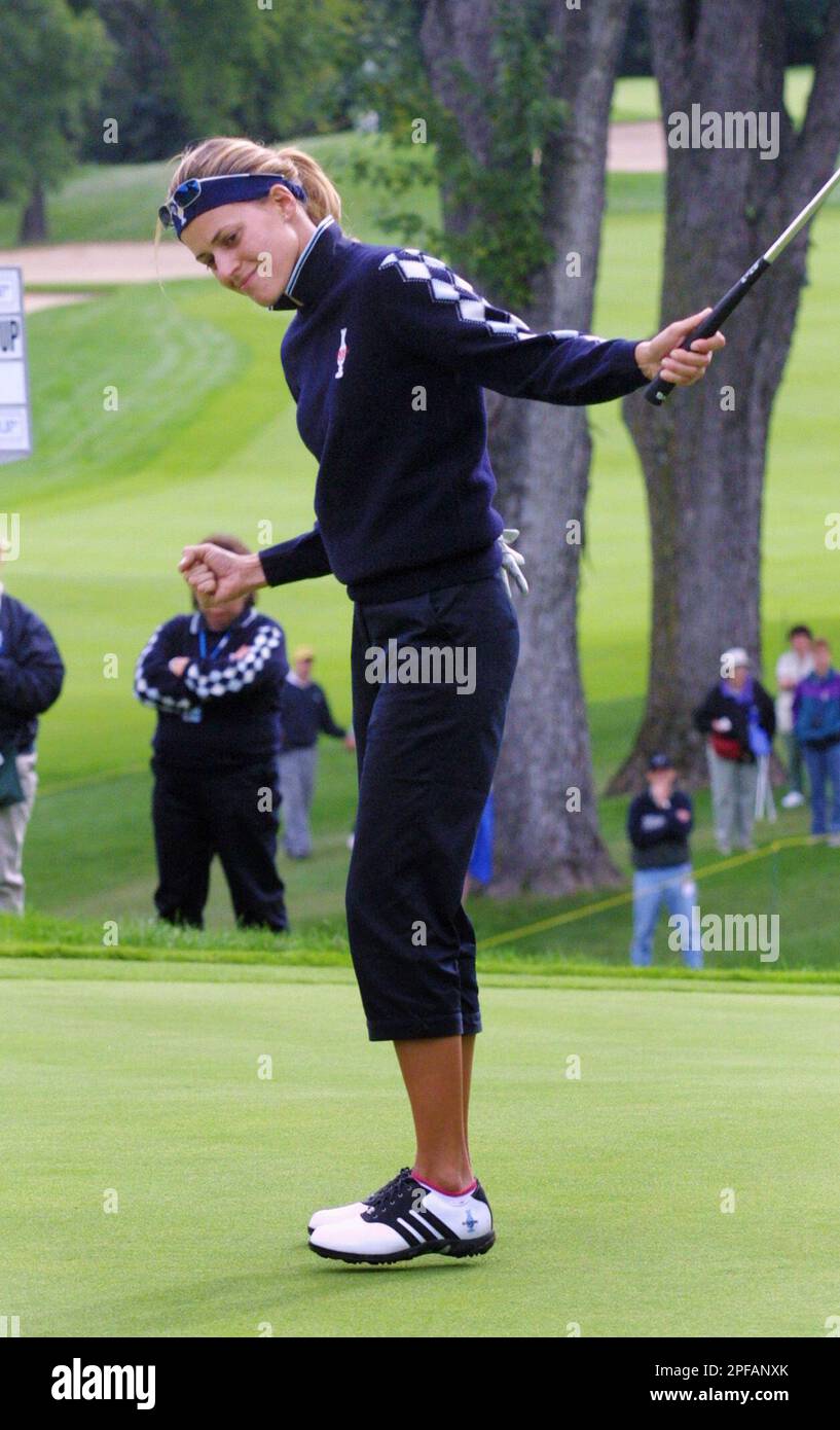 Paula Marti of Spain, pumps her fist after making a birdie putt on the ...