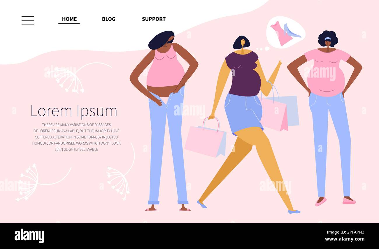 The web landing page with pregnant group girls friends shopping. Women ...