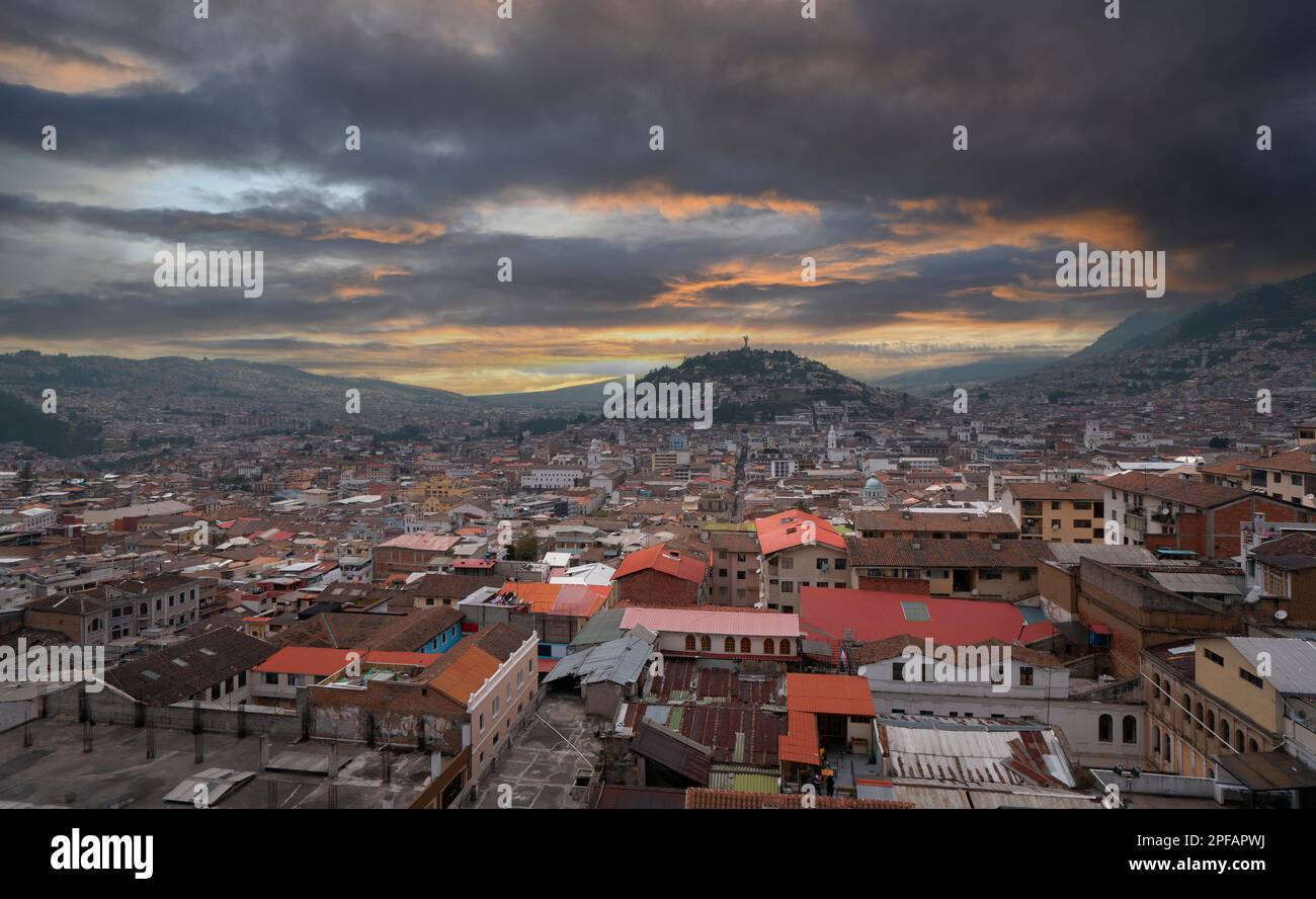 Panoramic view of the historic center of Quito with the Panecillo hill ...