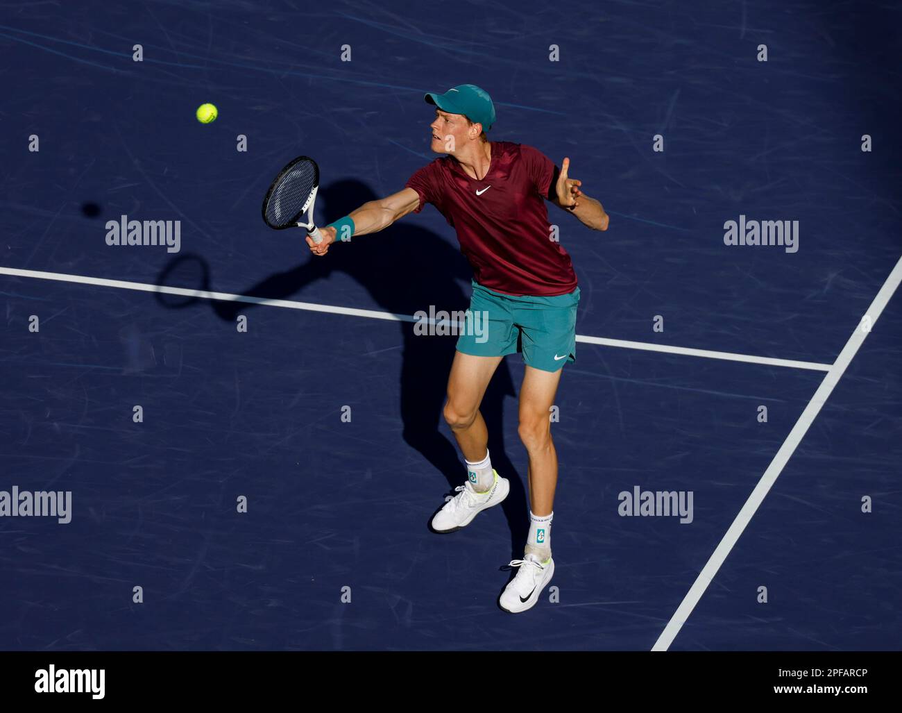 March 16, 2023 Jannik Sinner of Italy returns a shot against Taylor Fritz during the 2023 BNP ...