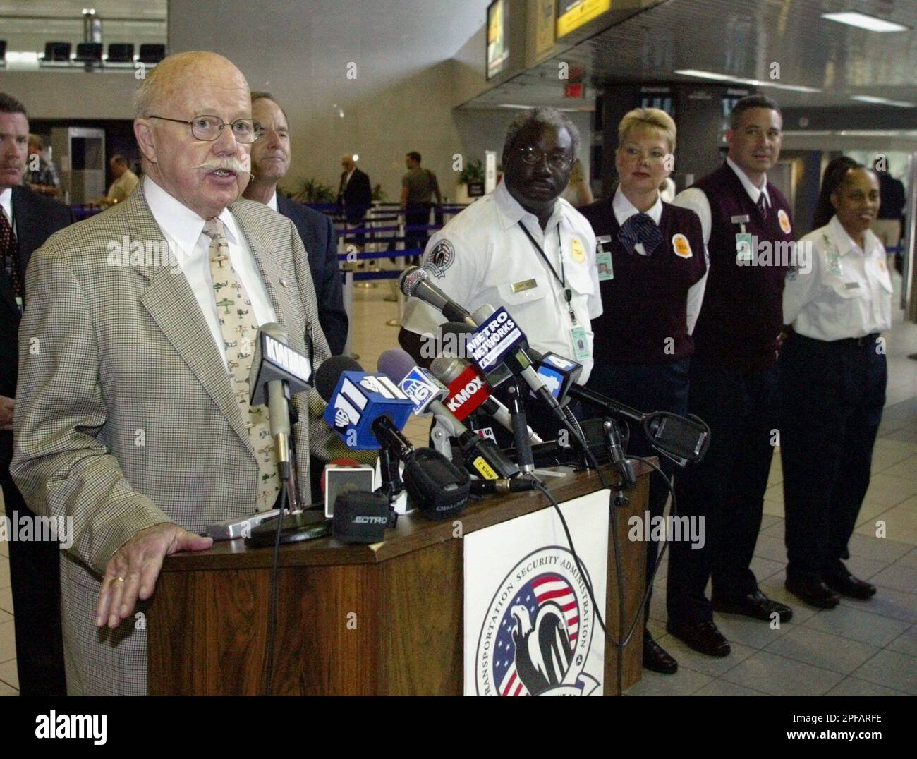 Airport director Col. Leonard Griggs answers questions for the media as ...