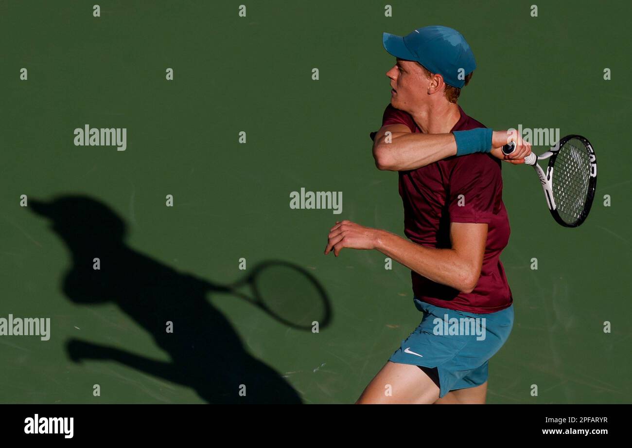 March 16, 2023 Jannik Sinner of Italy returns a shot against Taylor Fritz during the 2023 BNP ...