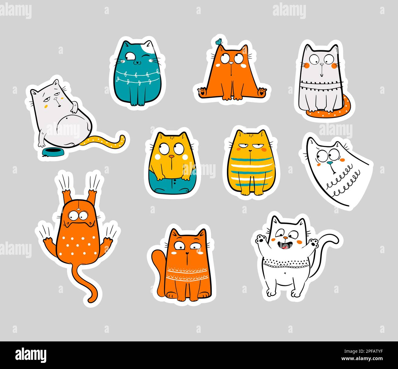 Cat doodle cute stickers. Funny cartoon character. Vector illustration ...