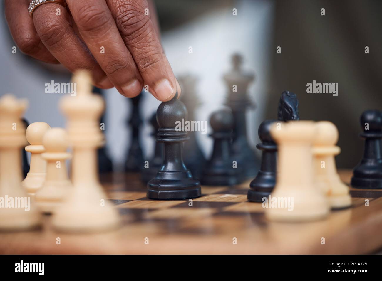 Man, chess and hands with bishop on board, strategy challenge and ...