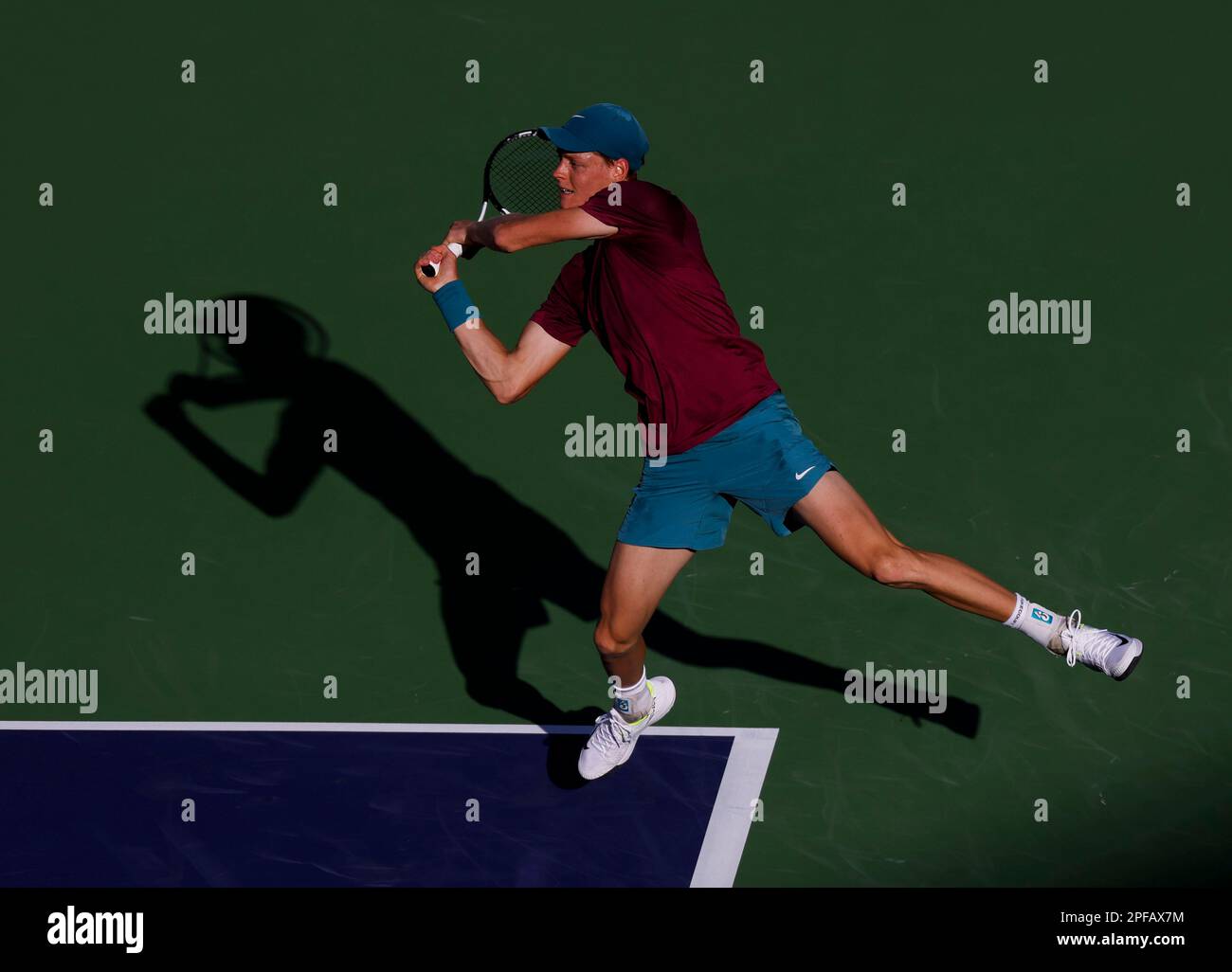 March 16, 2023 Jannik Sinner of Italy returns a shot against Taylor Fritz during the 2023 BNP ...