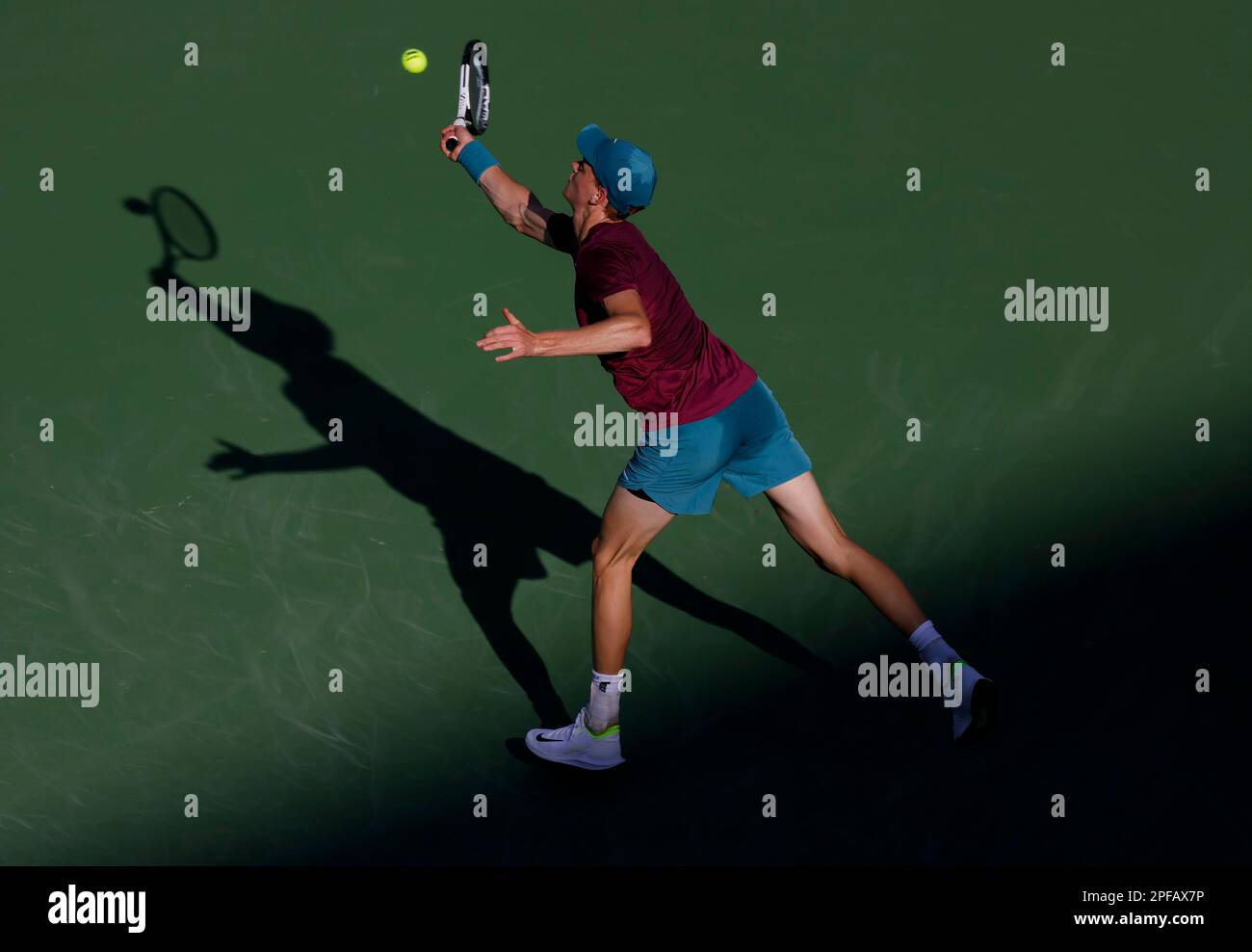 March 16, 2023 Jannik Sinner of Italy returns a shot against Taylor Fritz during the 2023 BNP ...