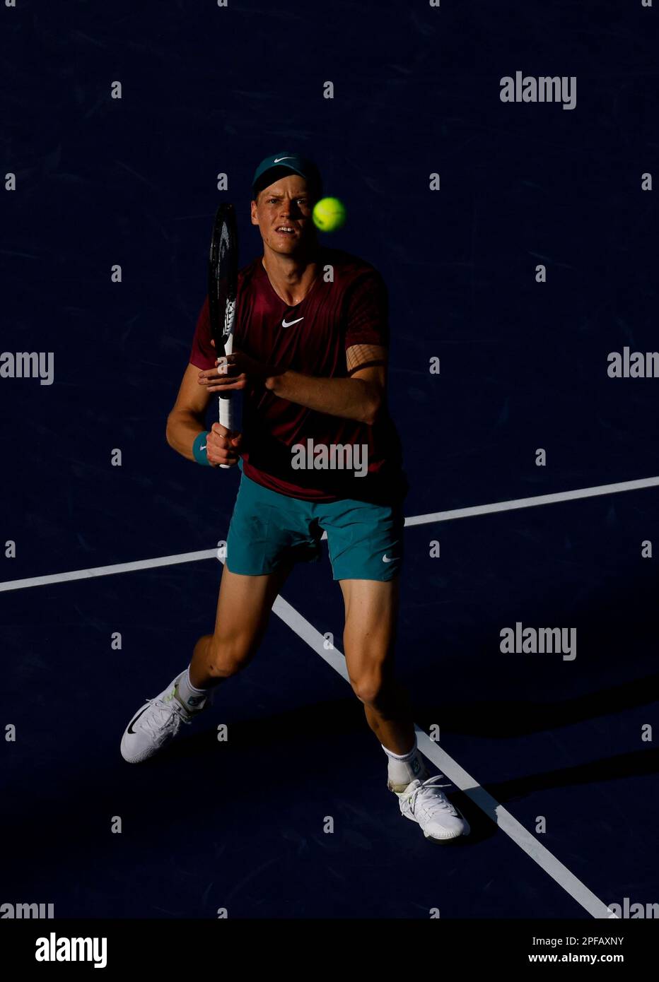 March 16, 2023 Jannik Sinner of Italy returns a shot against Taylor Fritz during the 2023 BNP ...