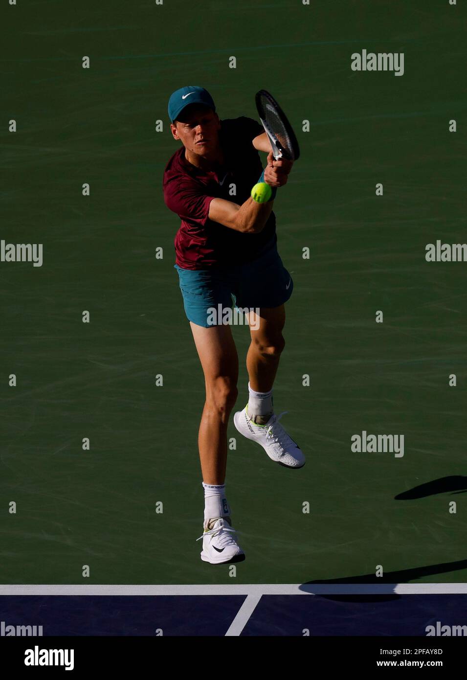 March 16, 2023 Jannik Sinner of Italy returns a shot against Taylor Fritz during the 2023 BNP ...