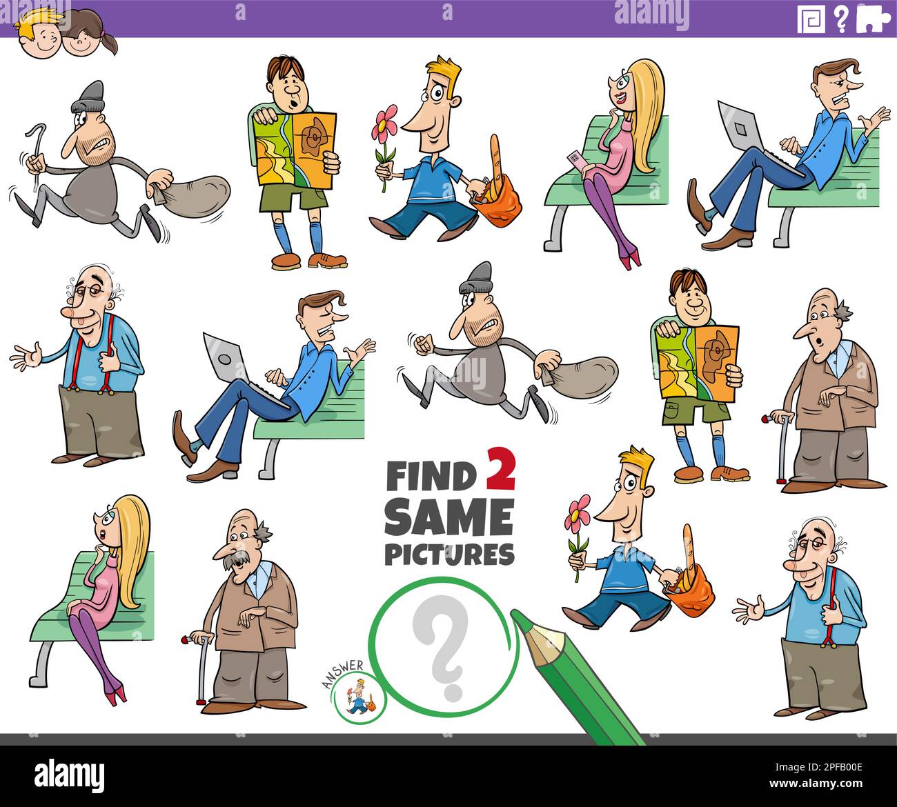 Cartoon illustration of finding two same pictures educational game with ...