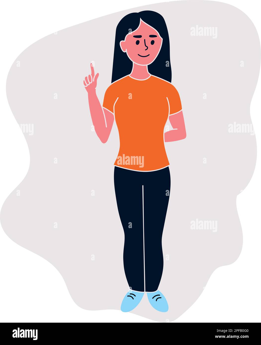 Cartoon girl with a pointing finger. Female pointing or attracting ...