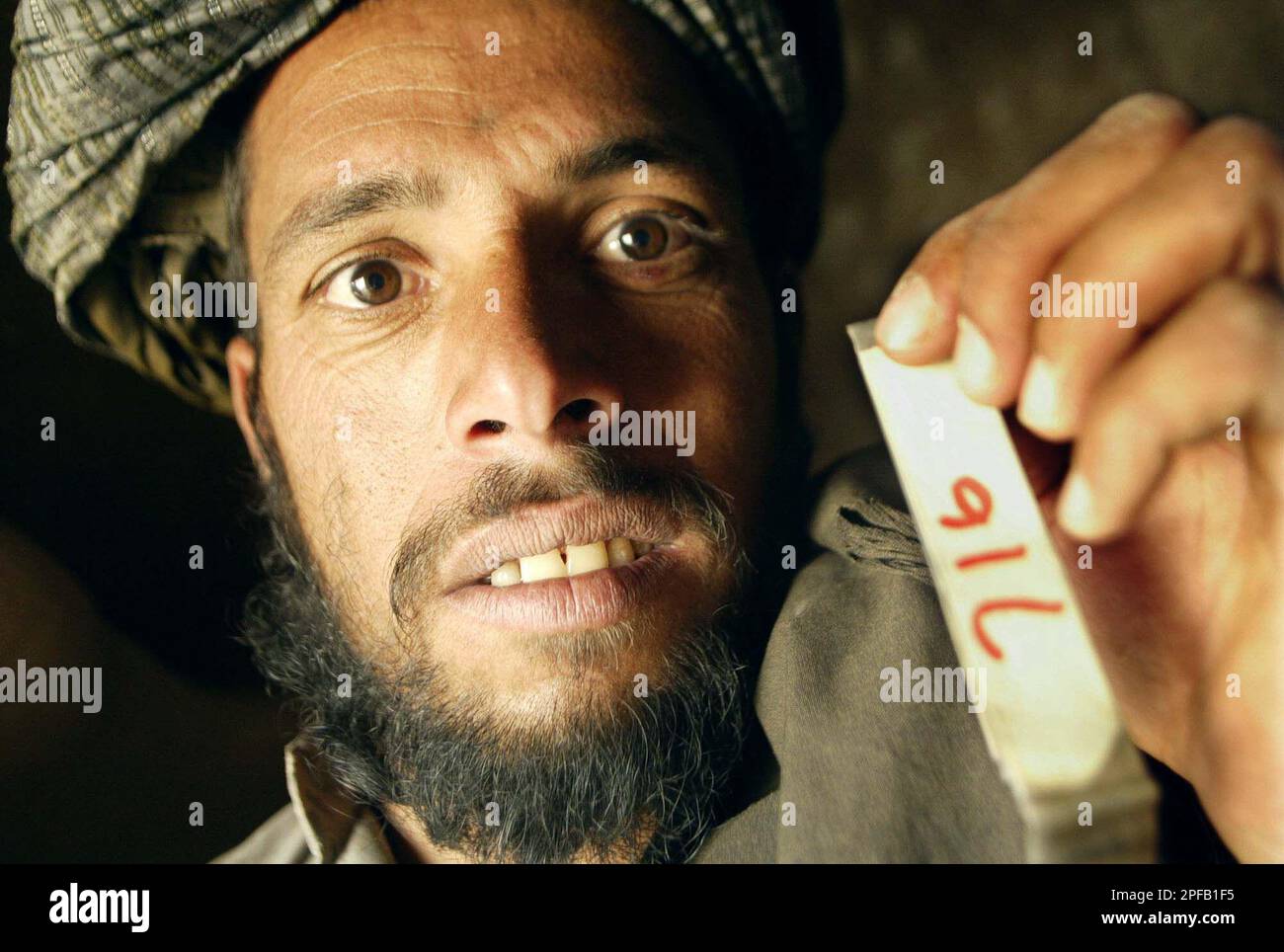 Shahabuddin, 23, a villager from Band-e-Taimur shows his detainees tag ...