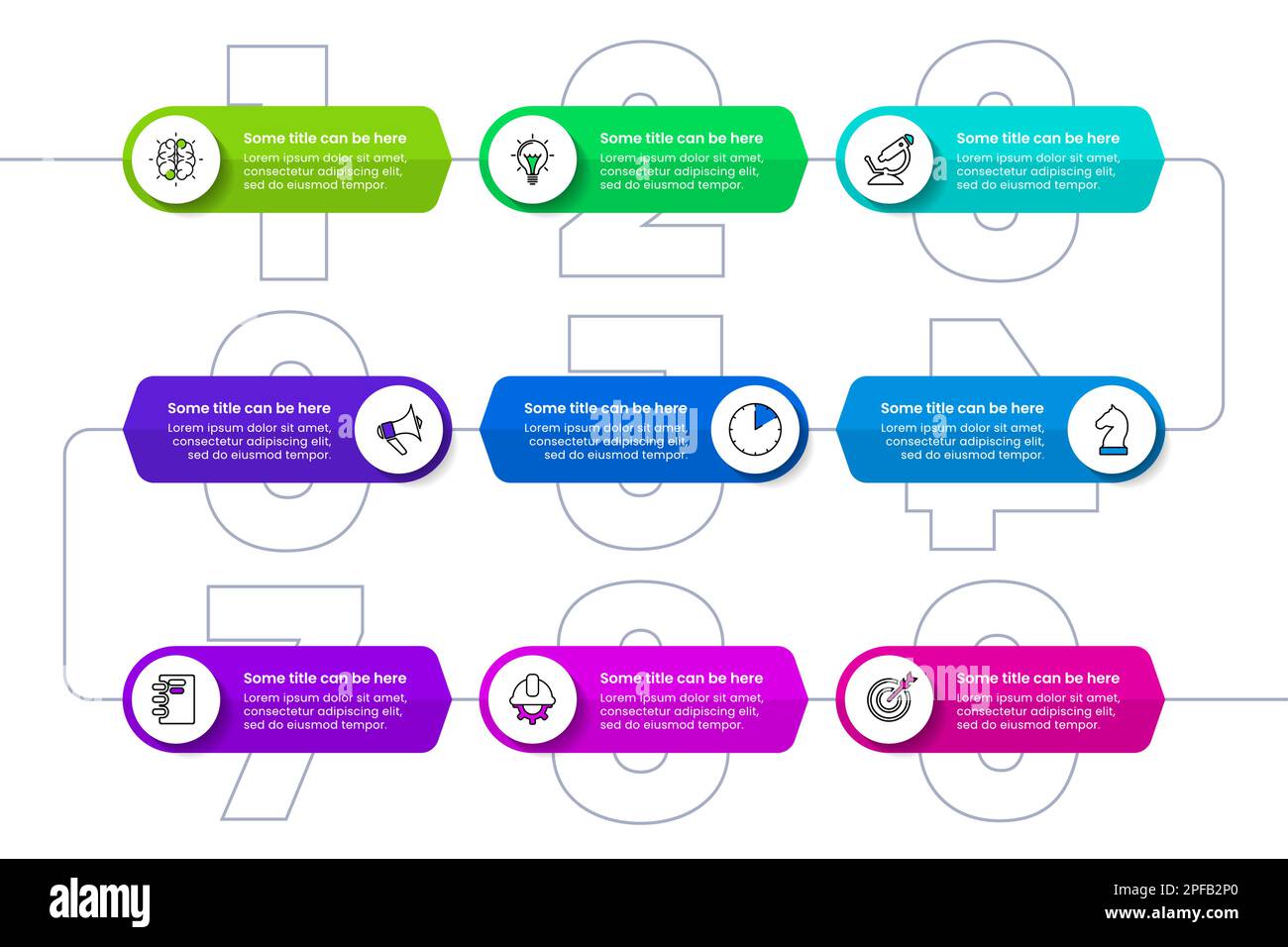 Infographic template with icons and 9 options or steps. Timeline. Can be used for workflow ...