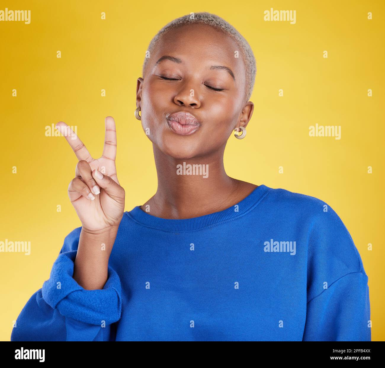 Happy, success and black woman with peace sign, support and cheerful ...