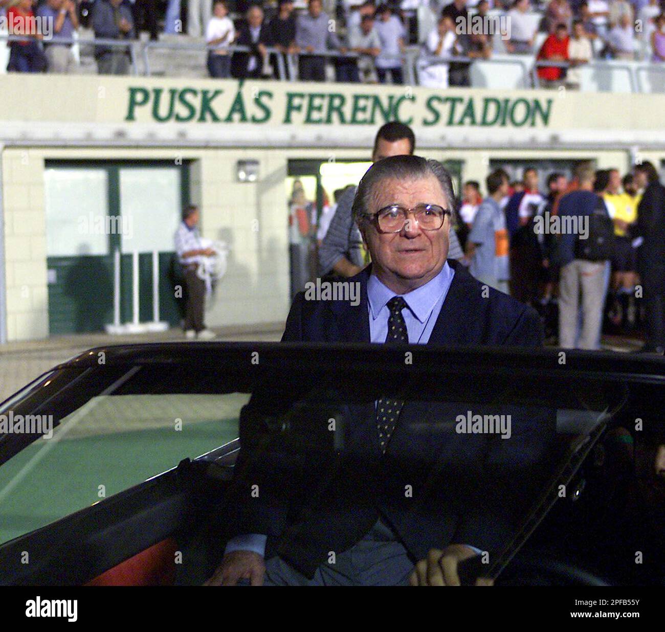 Former Hungarian legendary soccer player Ferenc Puskas is driven round ...