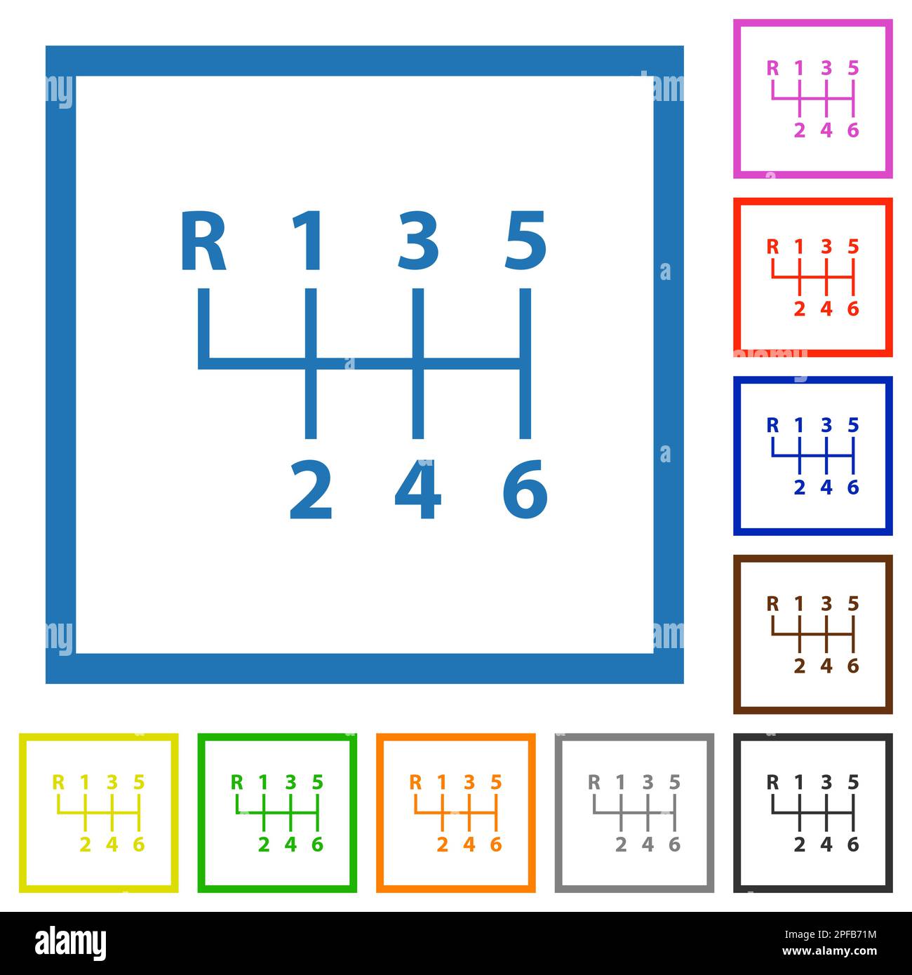 Six speed manual gear shift flat color icons in square frames on white ...