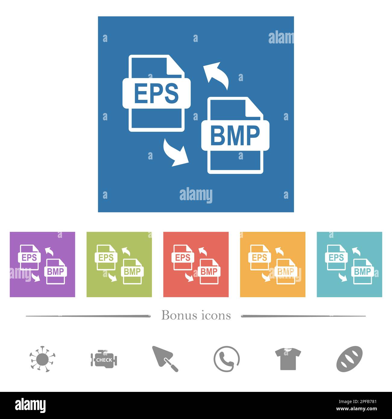 EPS BMP file conversion flat white icons in square backgrounds. 6 bonus icons included Stock ...
