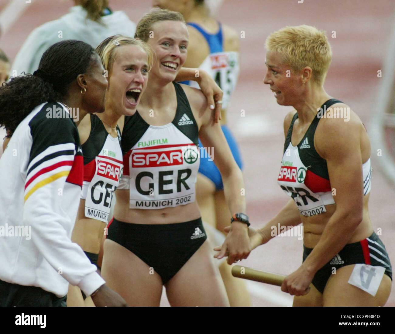 Florence Ekpo-Umoh, Claudia Marx, Birgit Rockmeier and Grit Breuer, from left, jubilate after ...